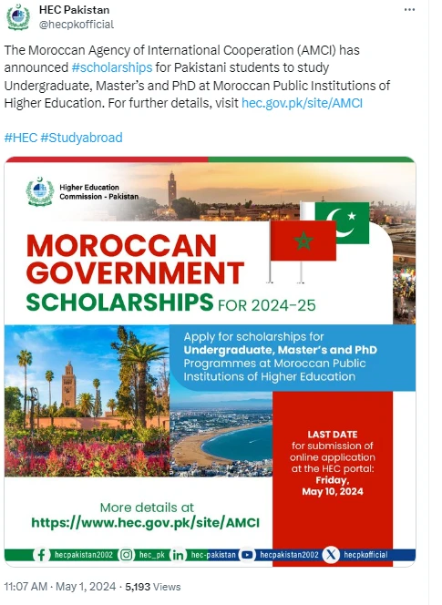 Morocco govt announces scholarships for Pakistani students